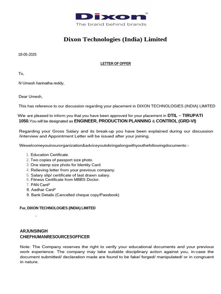 Umesh Offer Letter | PDF