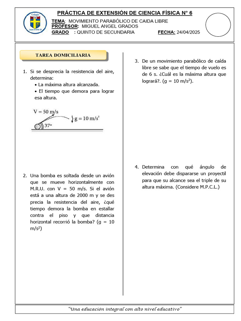 Quinto P.E. N°6 - MOVIMIENTO PARABÓLICO DE CAIDA LIBRE | PDF