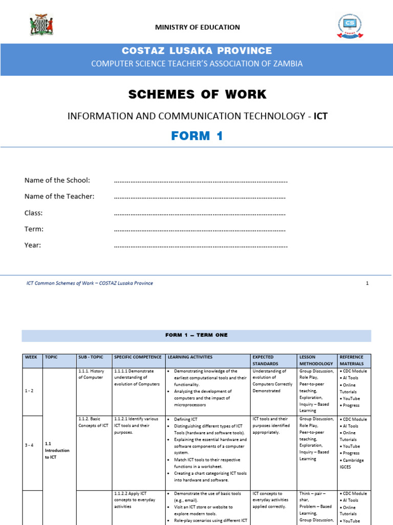ICT Schemes of Work Form 1 COSTAZ Lusaka Province | PDF | Computer File ...