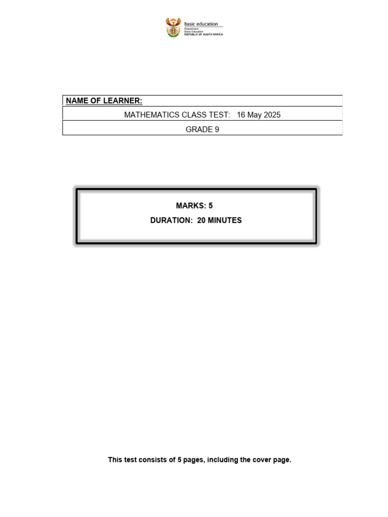 16 - May - 2025 - Grade 9 - Class - Test | PDF | Mathematics