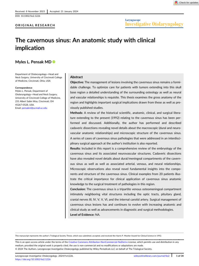 Laryngoscope Investig Oto - 2024 - Pensak - The Cavernous Sinus An ...