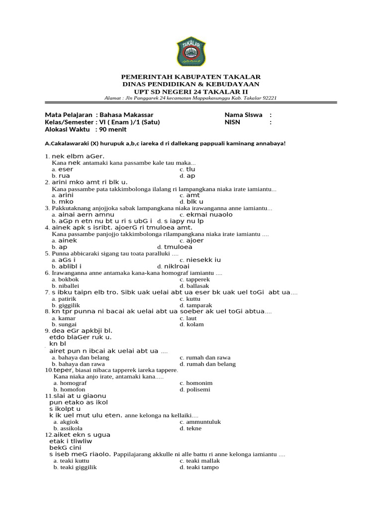 Soal Pas SMT 1 Bhs Daerah Kls 6 | PDF