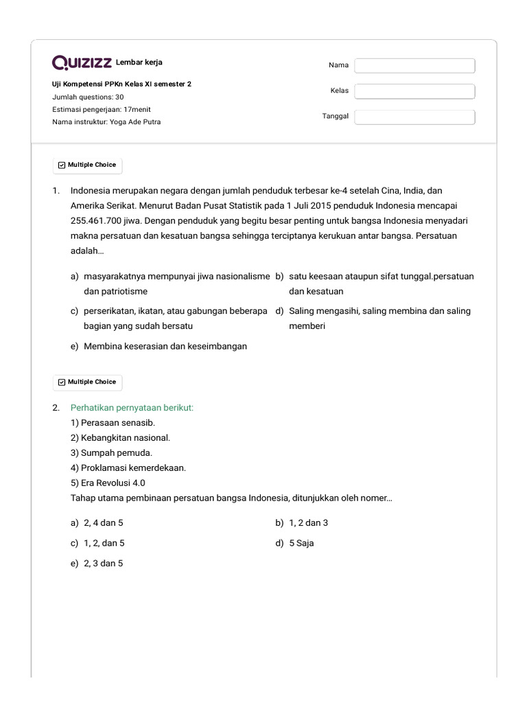 Pas. PPKN Kelas XI Semester 2 - Quizizz | PDF