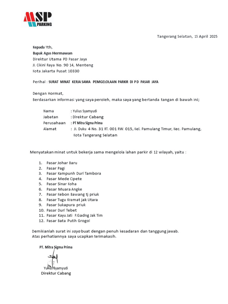 Surat Permohonan Kerjasama Parkir | PDF