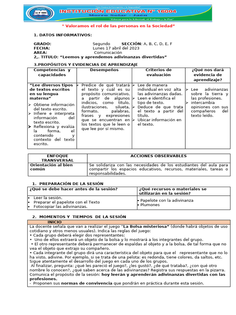 Sesion Lee Adivinanzas Imprimir | PDF | Aprendizaje | Evaluación