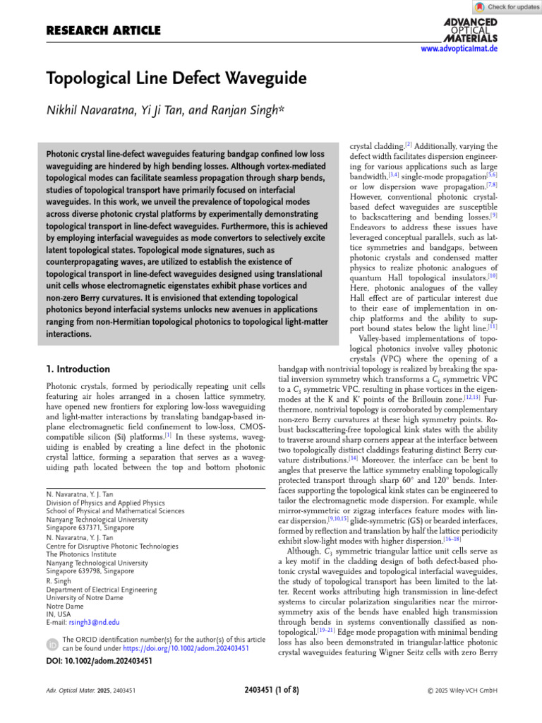 Advanced Optical Materials - 2025 - Navaratna - Topological Line Defect Waveguide | PDF ...