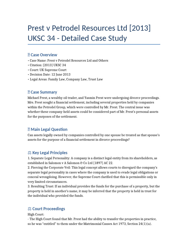 Prest V Petrodel Detailed Case Study | PDF | Piercing The Corporate Veil | Private Law