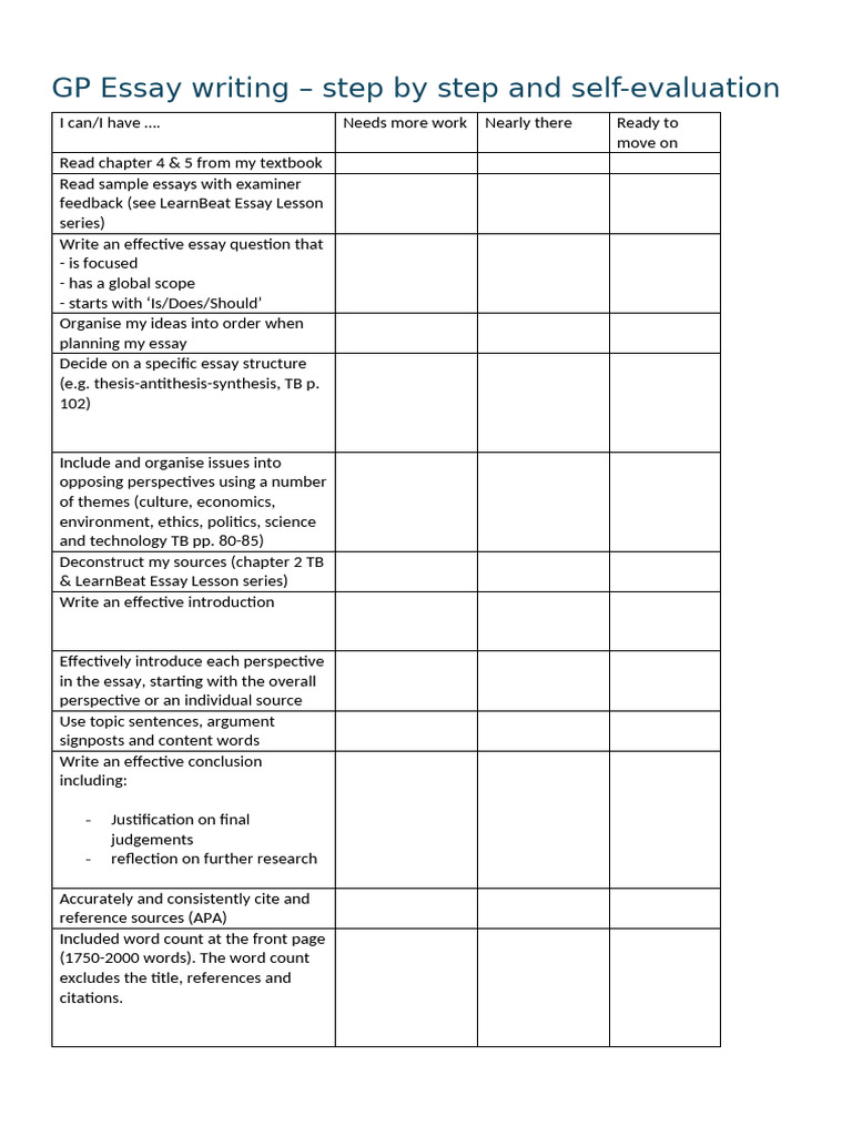 Essay Writing - Step by Step and Self Evaluation | PDF