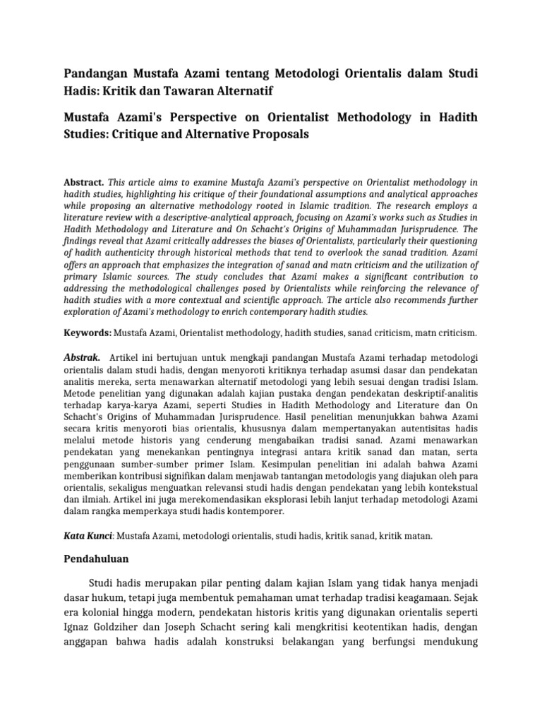 Pandangan Mustafa Azami Tentang Metodologi Orientalis Dalam Studi Hadis ...