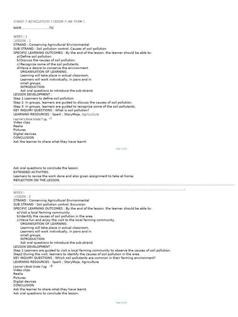Grade 7 Term 1 Agrinutrition Lesson Plans | PDF | Learning | Lesson Plan