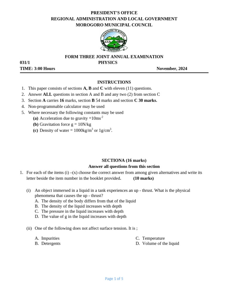 Form Three Physics Joint Past Paper 2025 | PDF | Collision | Liquids