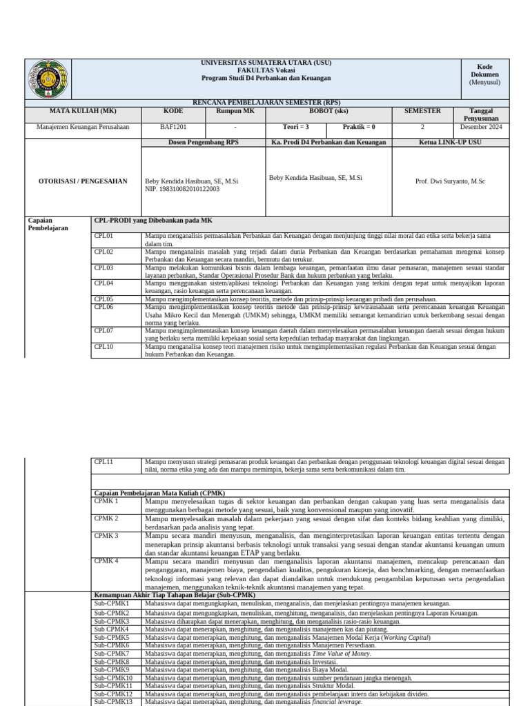 RPS Manajemen Keuangan Perusahaan D4 BAF | PDF