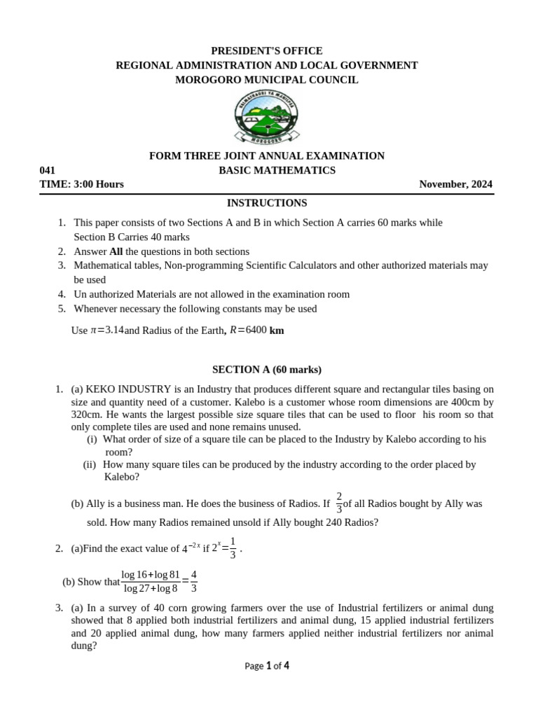 Basic Mathematics Form Three 2024/2025 | PDF