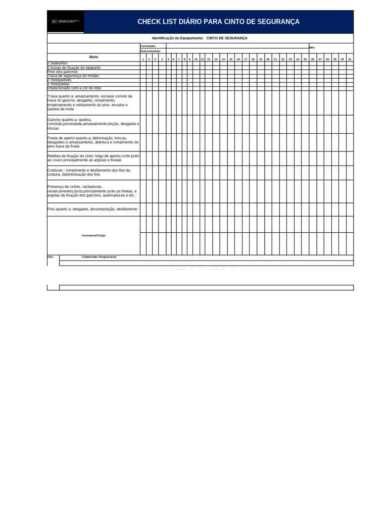Check List Diário para Cinto de Segurança | PDF