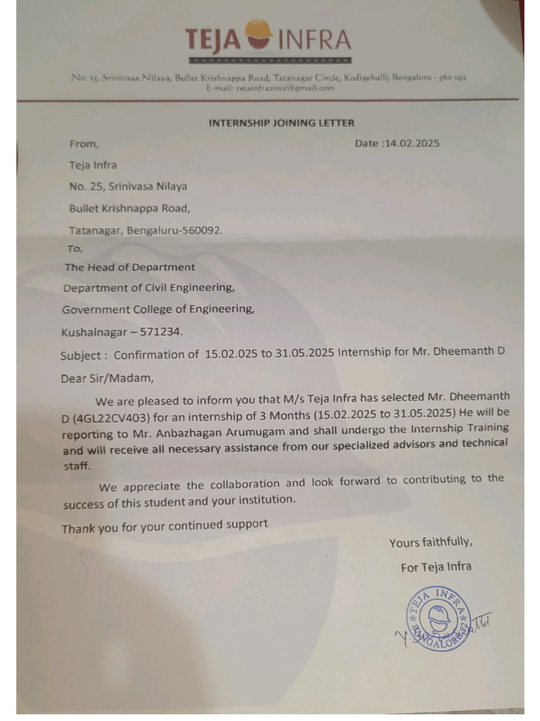 Internship Joining Letter | PDF