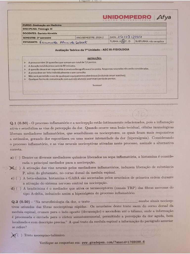 PROVA FISIOLOGIA AV1 | PDF