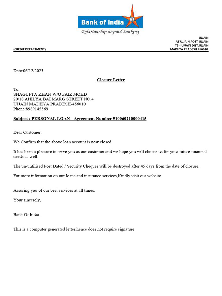 Bank of India Noc Formate | PDF