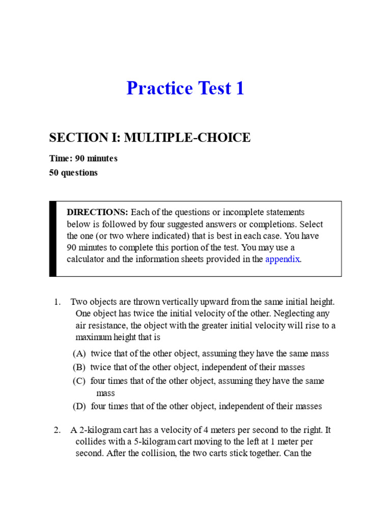 AP Physics 1 Practice Tests 1 Full Portion | PDF | Force | Mass