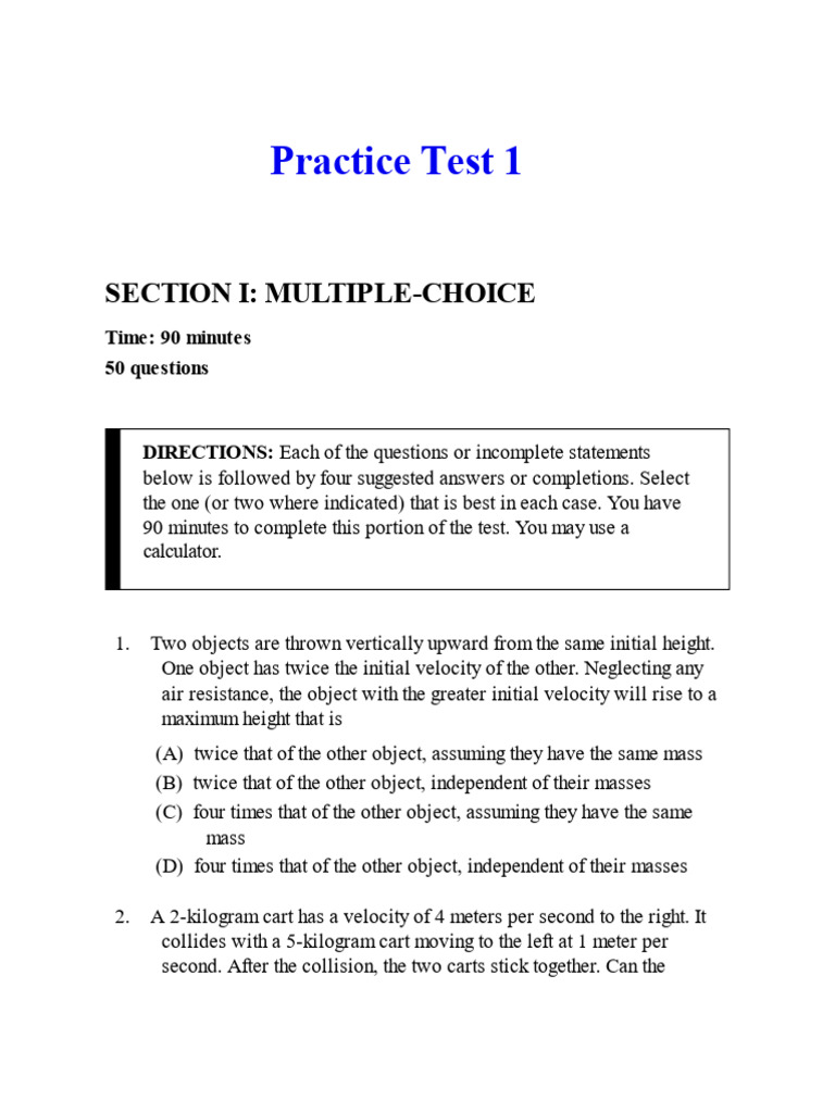 AP Physics 1 Practice Tests 1 Full Portion | PDF | Force | Mass