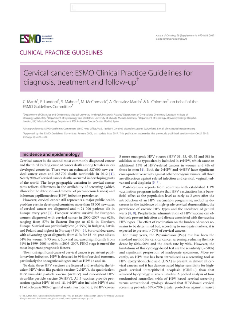 Cervical Cancer Guideline Esmo | PDF | Cervical Cancer | Diseases And Disorders