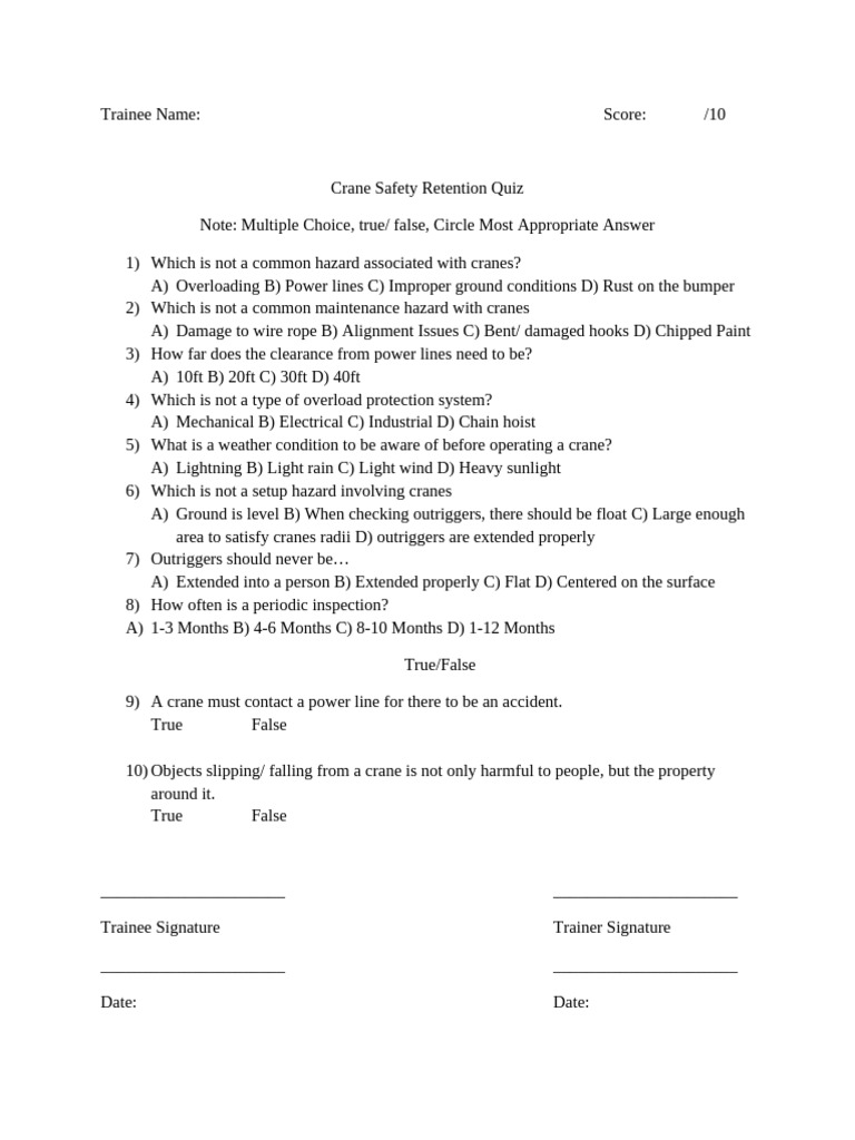 Crane Safety Quiz and Answers | PDF