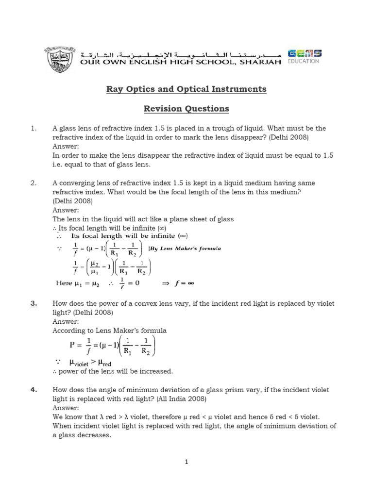 Ray Optics and Optical Instruments - Revision Questions - Solution ...