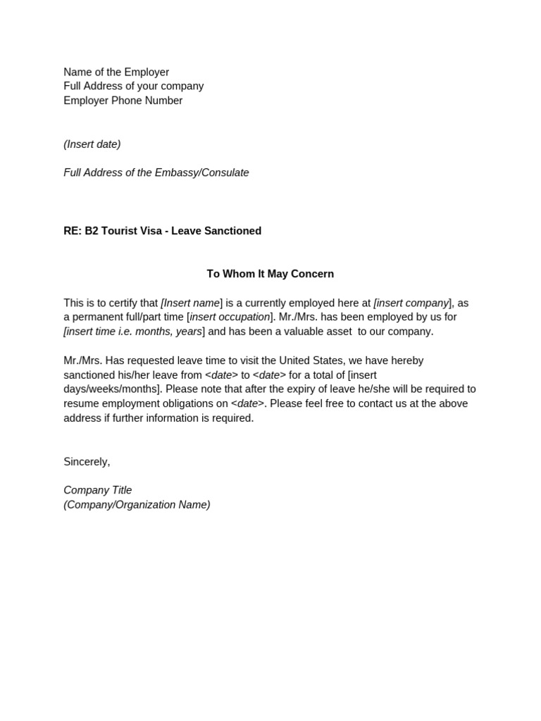 Leave Sanction Letter for Visa Application | PDF
