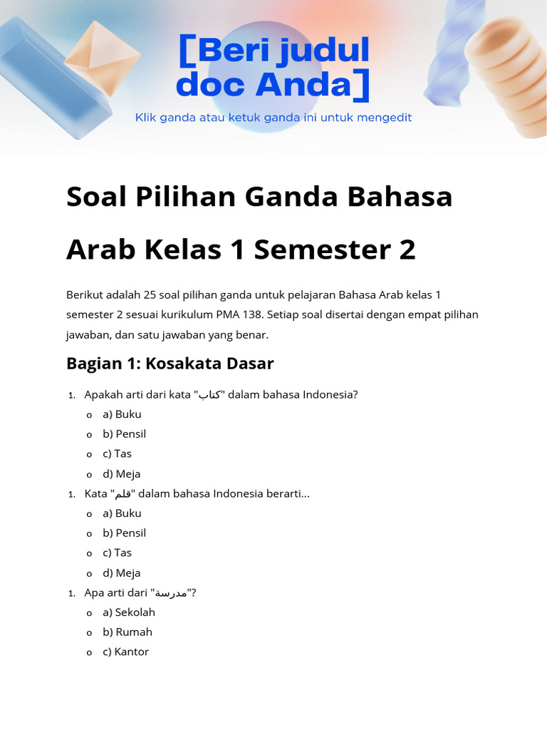 Soal Pilihan Ganda Bahasa Arab Kelas 1 Semester 2 - 20250518 - 203736 - 0000 | PDF