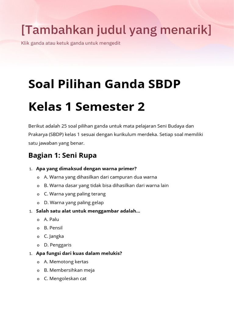 Soal SBDP Kelas 1 Semester 2 | PDF