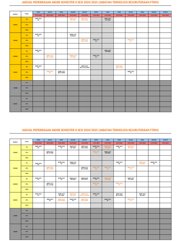 Jadual Pelajar Final Exam Sem II Sesi 2024-2025 | PDF