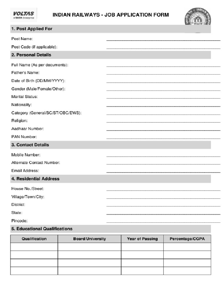 Voltas - Application - Indian Railways - Form - BW | PDF