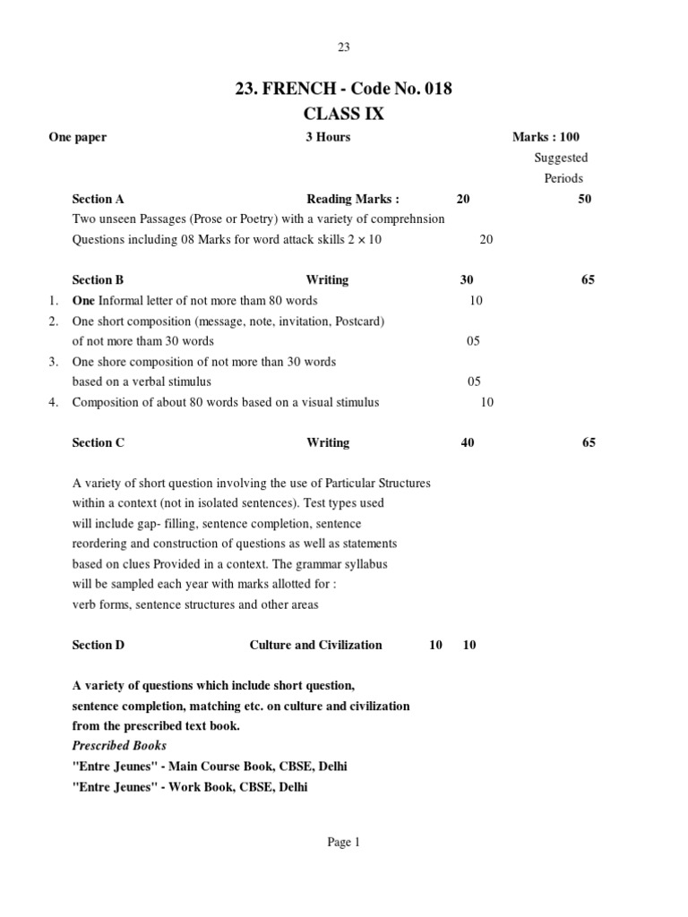 FRENCH - Code No. 018 Class Ix: Prescribed Books | PDF | Teaching ...