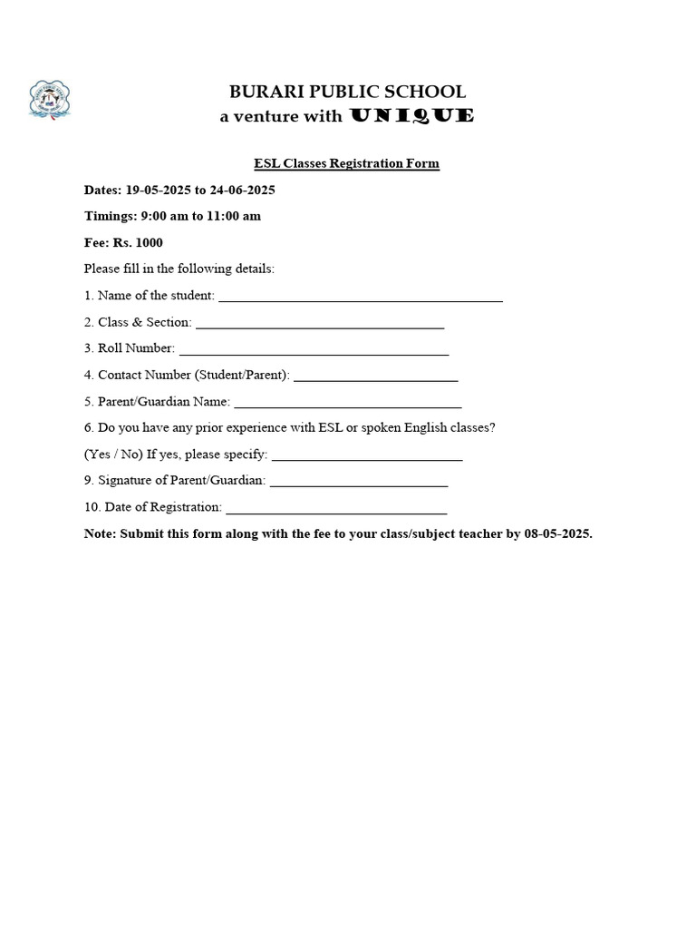 ESL Classes Form (2025-26) | PDF