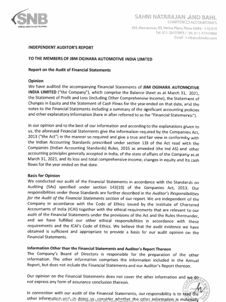 JBM Ogihara Automotive India LTD FY 2020 21 | PDF