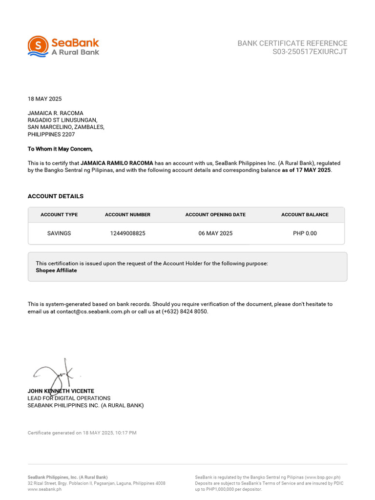 Bank Certificate SeaBankPH 18 May 2025 | PDF