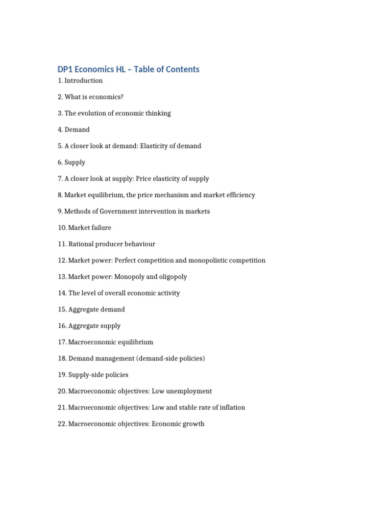 DP1 Economics HL Table of Contents | PDF