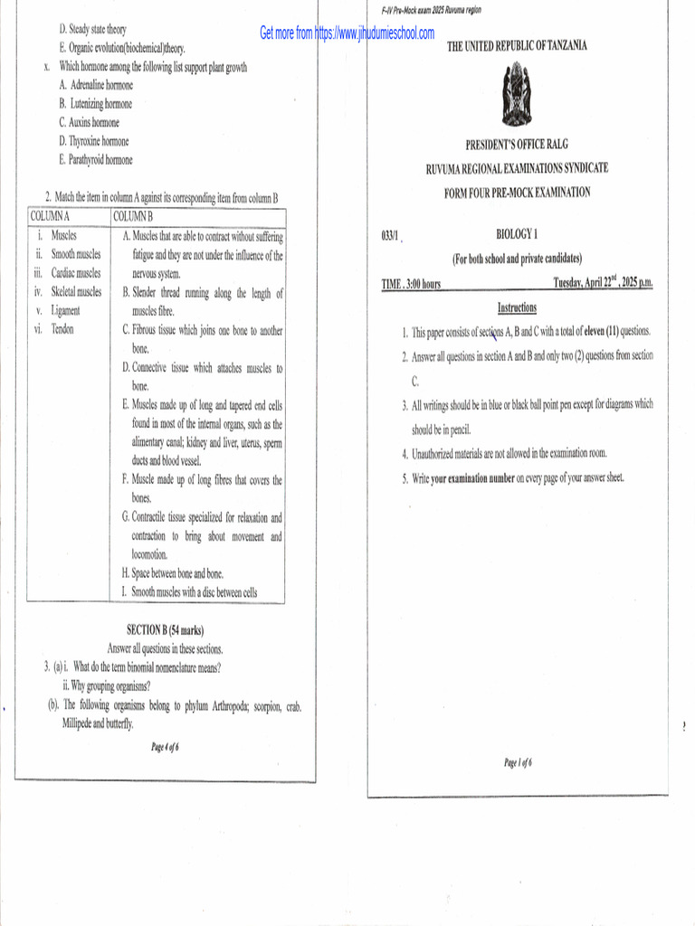 Form Four Biology 1 Pre Mock May 2025 | PDF