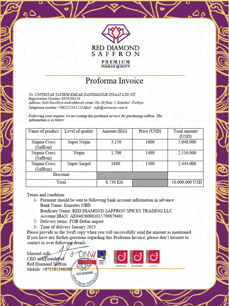 Proforma Invoice for Saffron Purchase | PDF