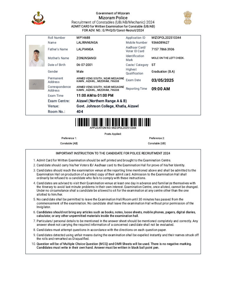 MIZORAM POLICE ADMIT CARD (2) | PDF