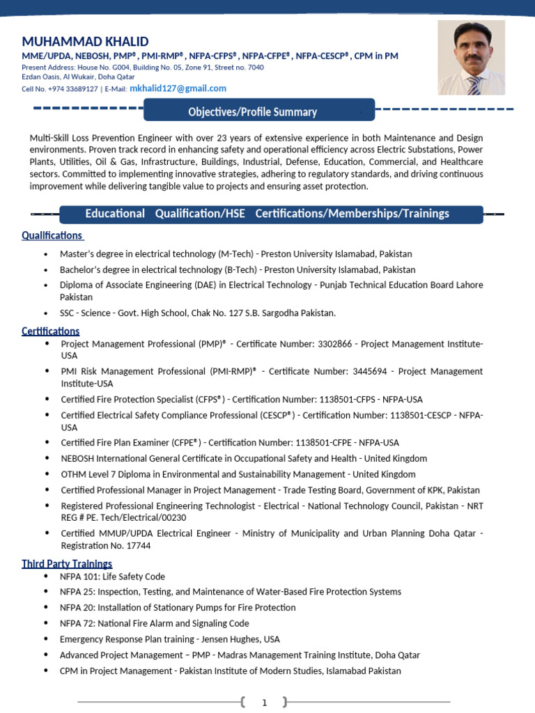 Fire Safety Engineer Resume - Muhammad Khalid | PDF | Regulatory Compliance | Safety