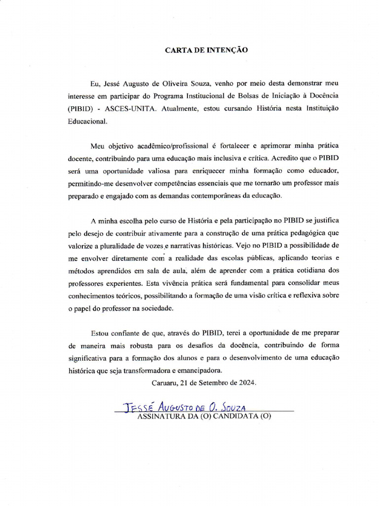 Carta de Intenção PIBID | PDF