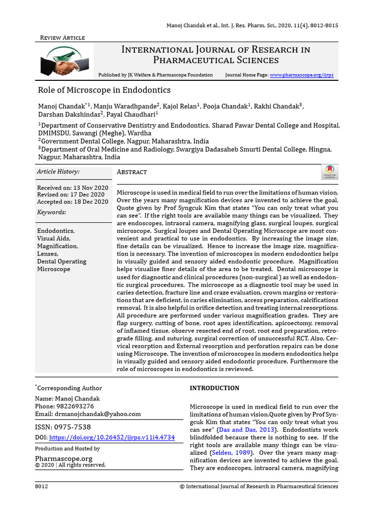 Role of Microscopes in Endodontics | PDF | Dentistry | Eye