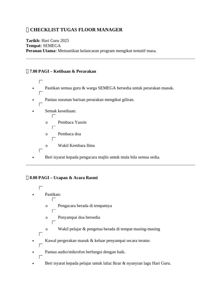 Checklist Tugas Floor Manager | PDF