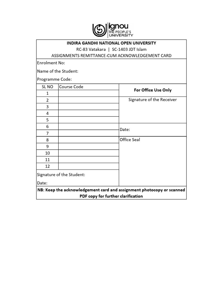 JDT IGNOU Assignment Slip | PDF