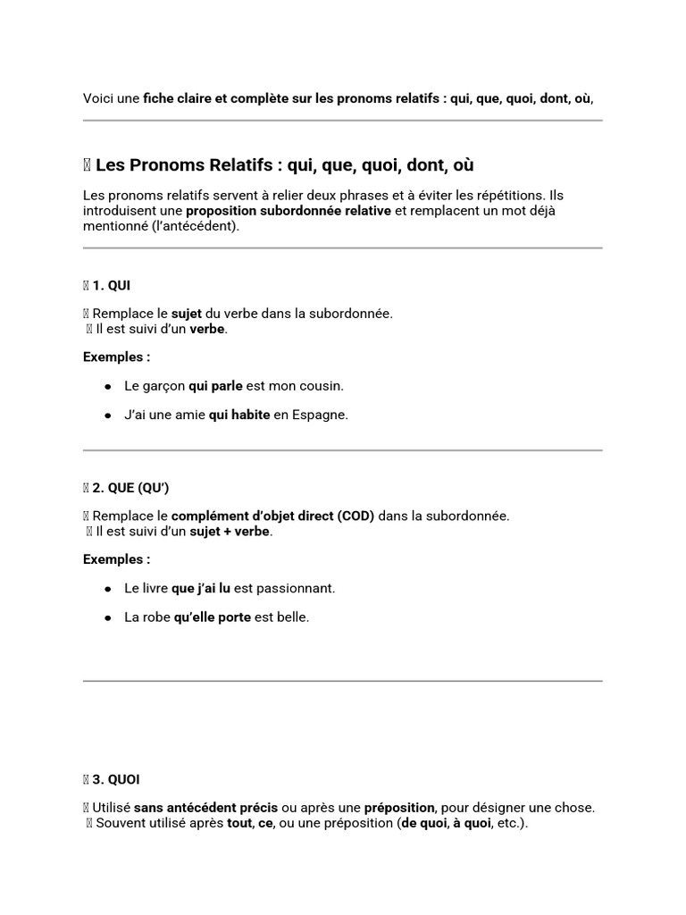 Les pronoms relatifs _ qui, que, quoi, dont, où, | PDF | Typologie ...
