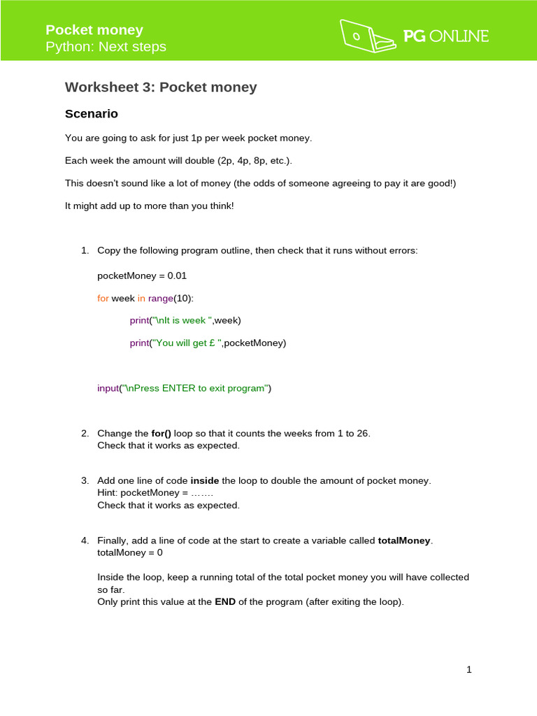 Python Worksheet 3 Pocket Money | PDF