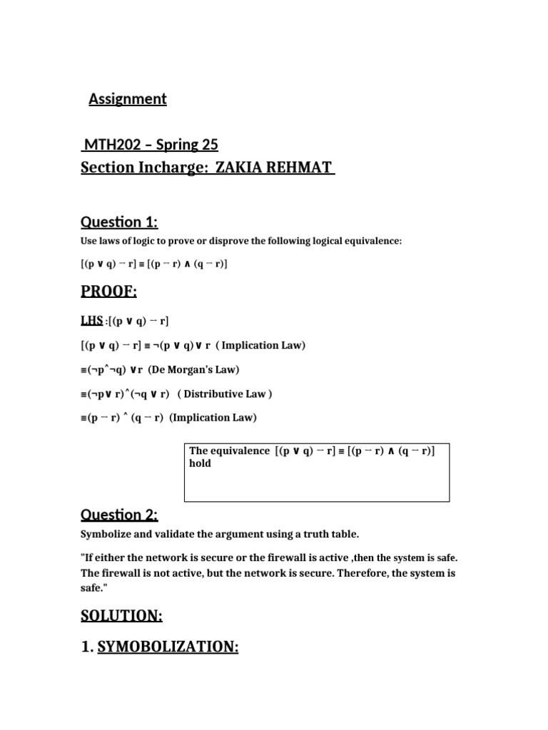 MTH202 Assignment Spring25 Solution Incharge (Zakia-Rehmat) - 1 | PDF | Logical Consequence ...