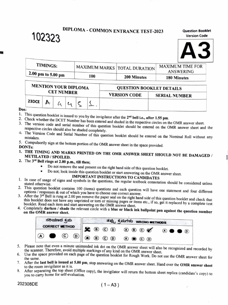 DCET 2023 QP-A3 with KEY Ans_27fa290d-67d4-4f60-a160-fc5c80eeb651 | PDF | Fuse (Electrical ...
