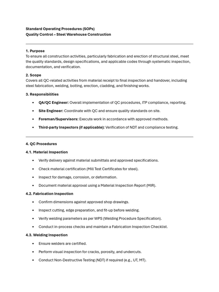 Standard Operating Procedures - Quality Control - Steel Warehouse ...