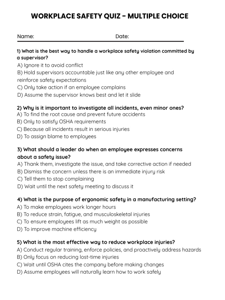 White and Simple Workplace Safety Quiz Multiple Choice Document | PDF